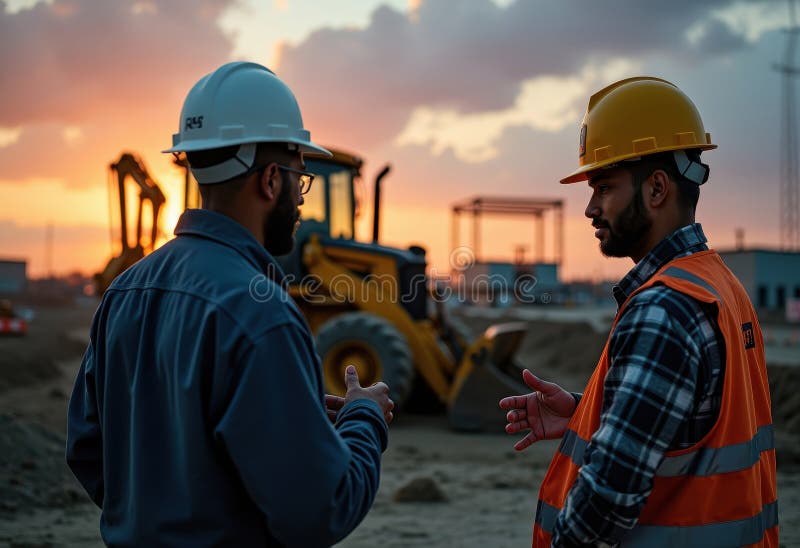 Construction Workers Discussing Project Details at Sunset in an ...