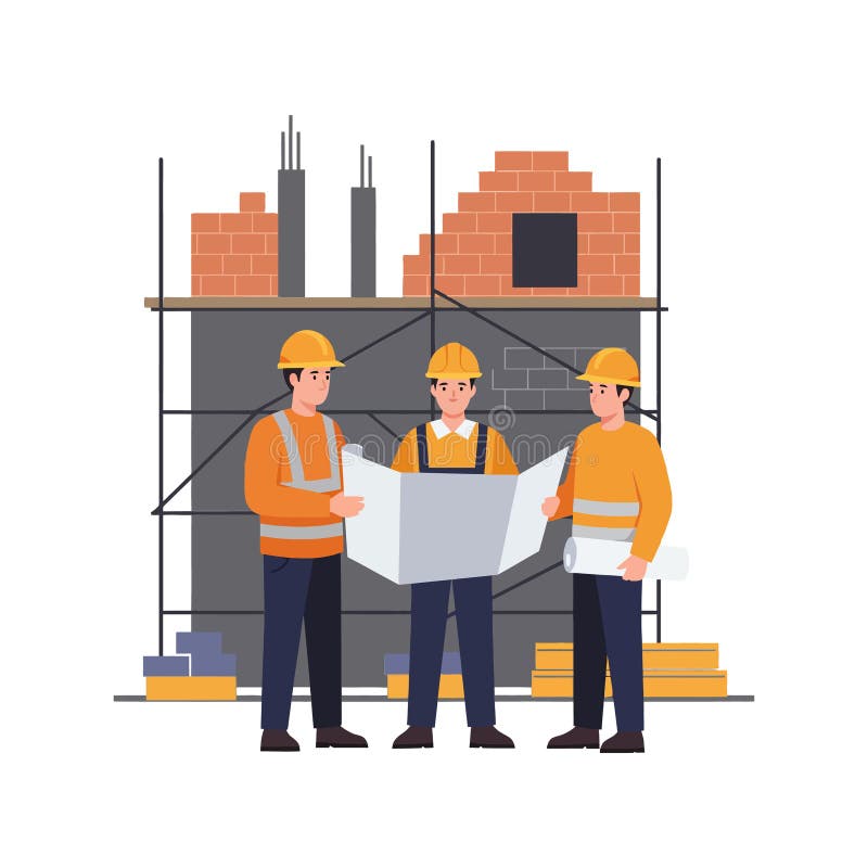 Construction Workers Discussing Project Plans in Flat Vector ...