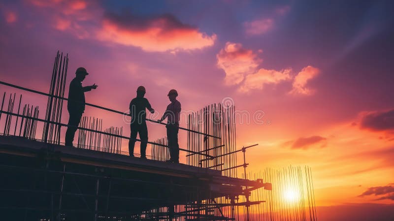Construction Workers Discussing Project on Site at Sunset Stock Image ...