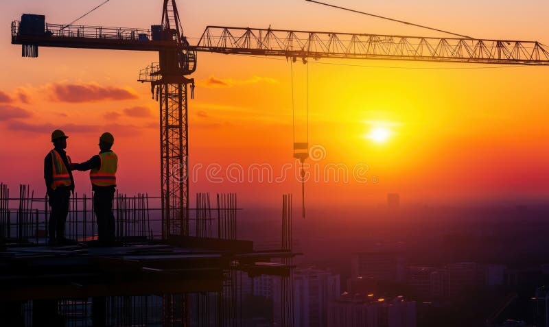 Construction Workers Discussing Project Sunset Crane Silhouette Stock ...