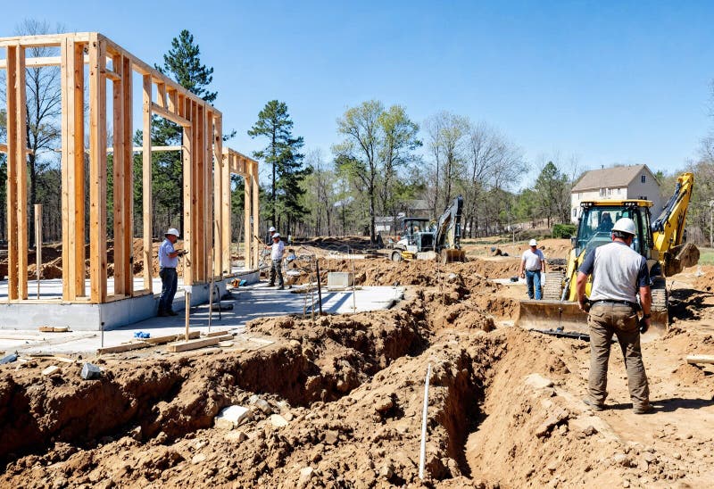 Construction Workers Engage in Framing and Site Preparation for a New ...