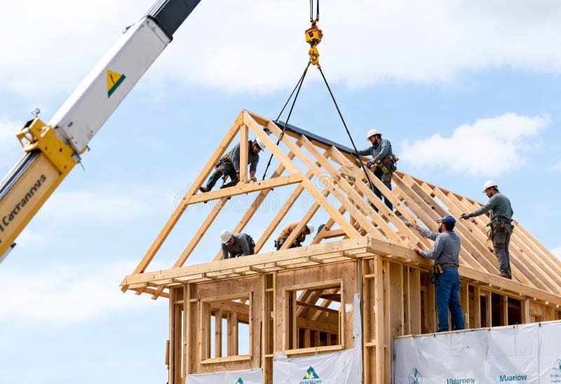 Construction Workers Engage in Roof Framing on a Building Site Using a Crane for Efficient ...