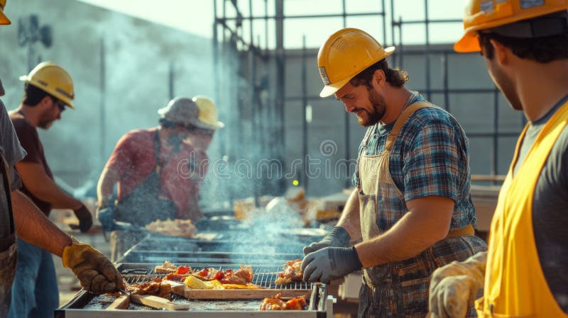 Construction Workers Enjoying Barbecue on a Construction Site Stock ...
