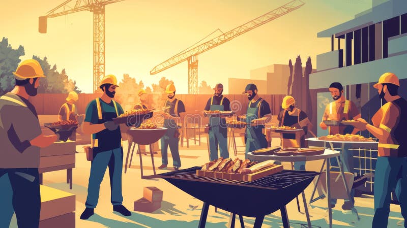 Construction Workers Enjoying a Barbecue Lunch Break at a Building Site ...