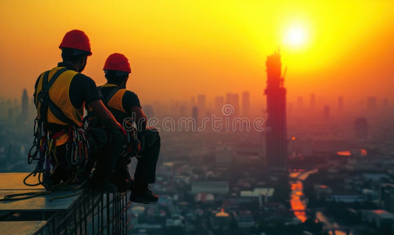 Construction Workers Enjoying Sunset View from Skyscraper Rooftop in ...
