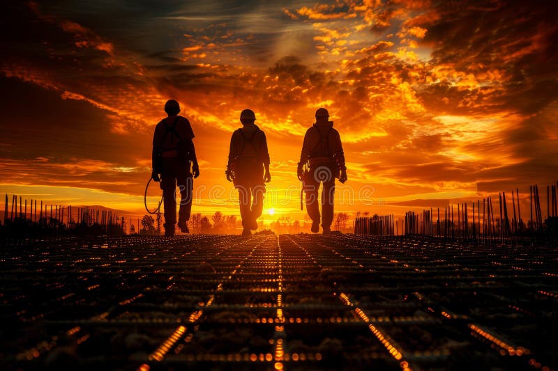 Construction Workers Erecting Metal Framework on Rooftop for Building ...