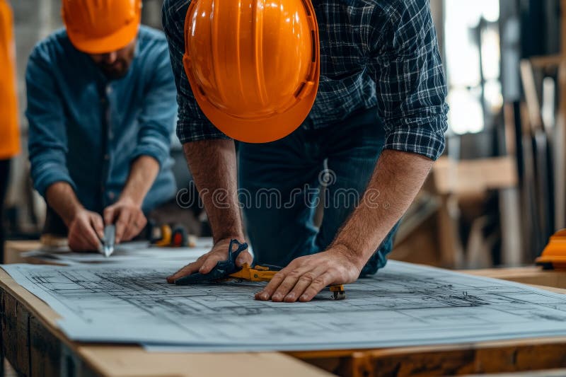 Construction Workers Examining Blueprint Plans on Table in Workshop ...