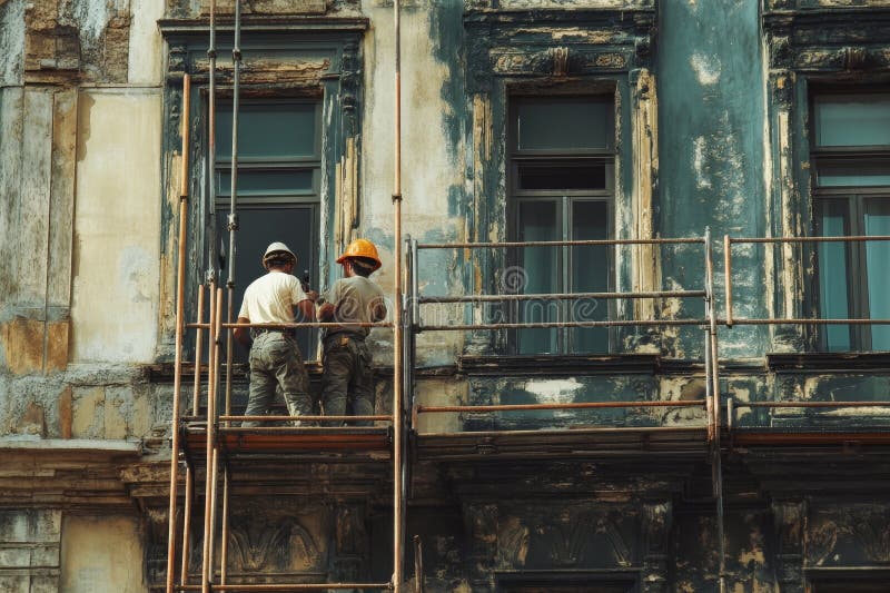 Construction Workers Examining Old Building Facade on Scaffolding Stock ...