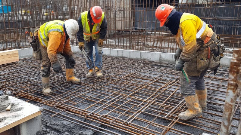 Construction Workers Examining Rebar Grid on Concrete Slab Stock ...