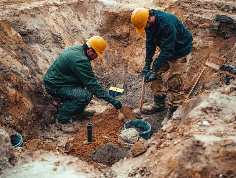 Construction Workers Excavate Ground for Utility Installation Using ...