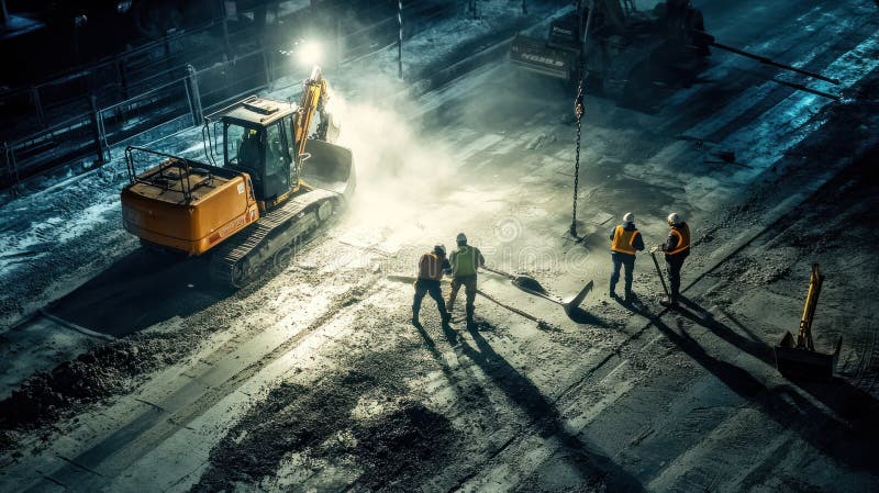 Night Shift Roadwork: Construction Crew and Excavator Under City Lights ...