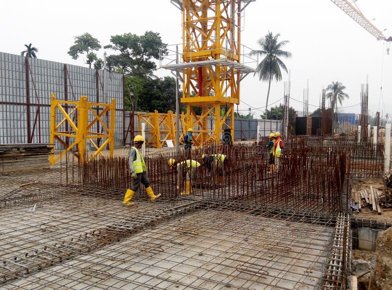 Construction Workers Fabricating Steel Reinforcement Bar Inside the ...
