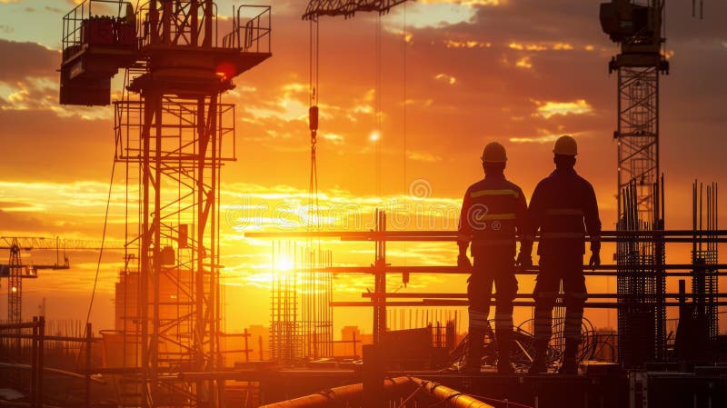 Construction Workers Facing Sunset at Building Site Stock Image - Image ...