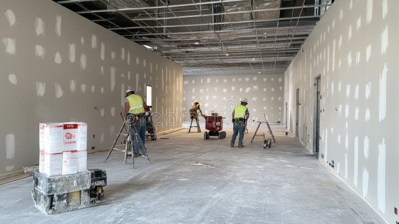 Construction Workers Finishing Interior Walls of a Building Stock ...