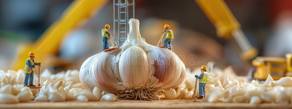 Construction Workers Fortifying Giant Garlic Clove for Its Benefits ...