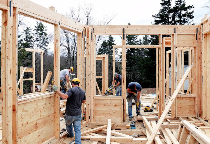 Construction Workers Frame a Wooden Structure in a Forested Area during ...