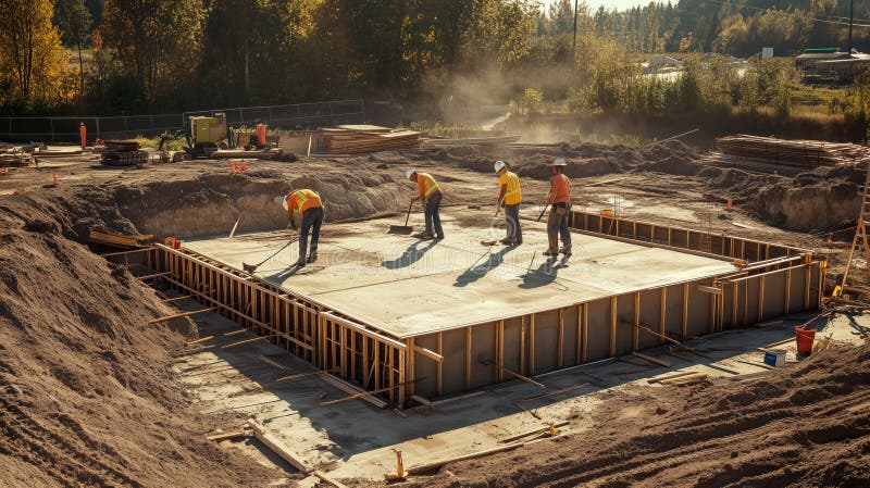 Construction Workers Framing and Pouring Concrete on a Building Site ...