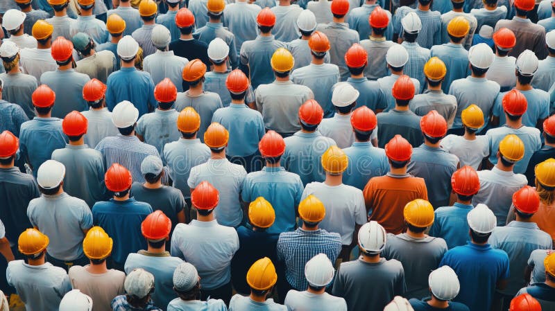 Construction Workers Gathering, Diverse Helmets, Teamwork, Industrial ...