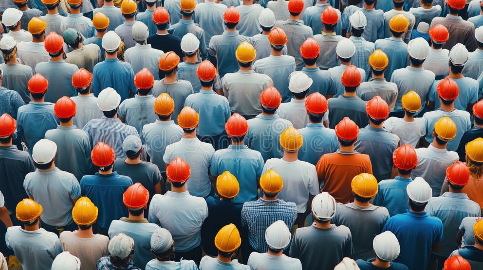 Construction Workers Gathering, Diverse Helmets, Teamwork, Industrial ...