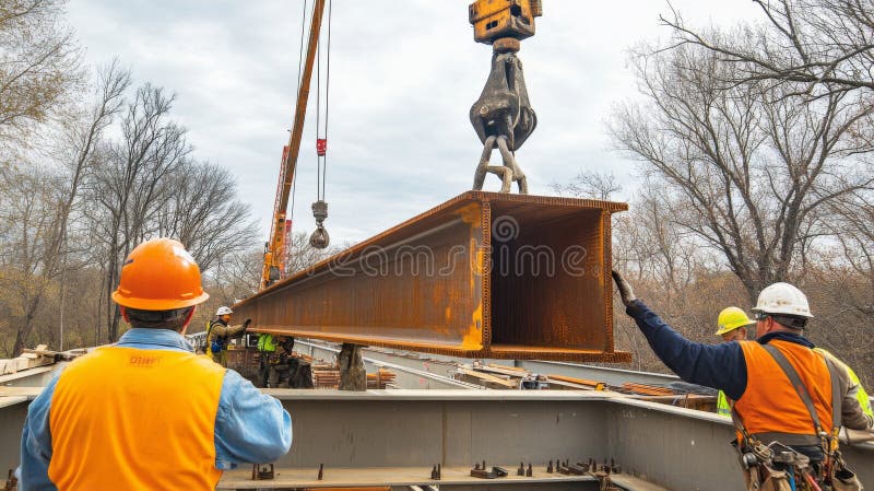 Construction Workers Guiding a Crane Lifting a Steel Beam Stock ...