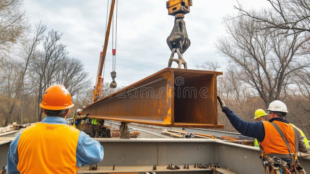 Construction Workers Guiding a Crane Lifting a Steel Beam Stock ...