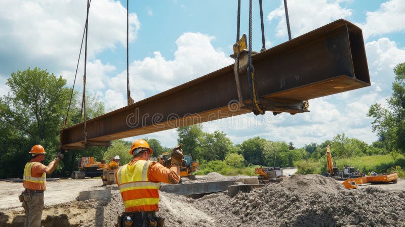 Construction Workers Guiding a Large Steel Beam during a Construction ...