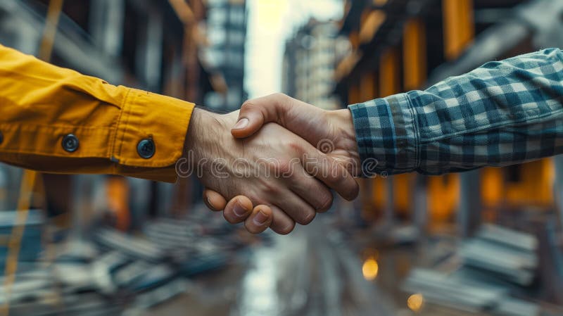 Construction Workers Handshake in Front of Building Under Construction ...