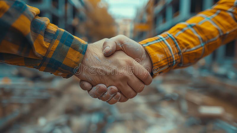 Construction Workers Handshake in Front of Building Under Construction ...