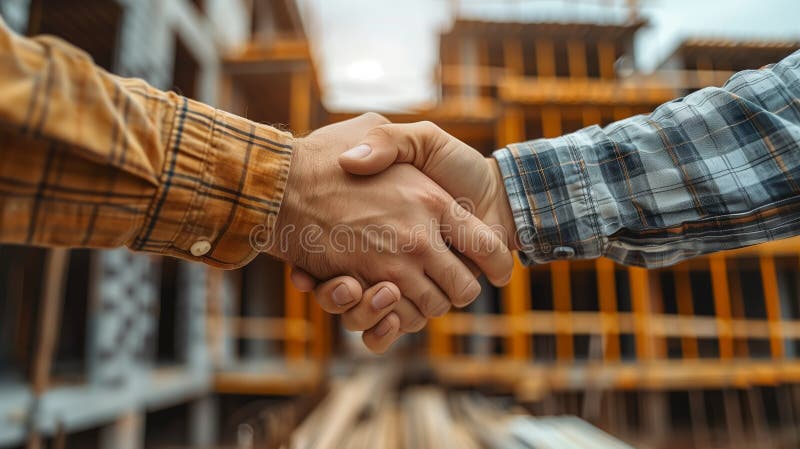 Construction Workers Handshake in Front of Building Under Construction ...