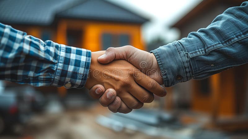 Construction Workers Handshake in Front of Building Under Construction ...