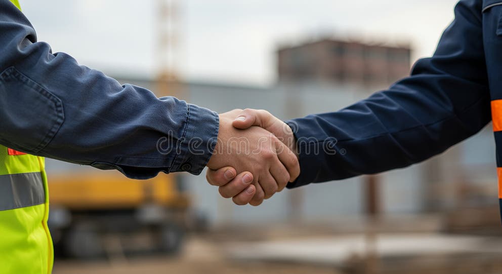 Construction Workers Handshake: Teamwork, Partnership, and Success on a ...