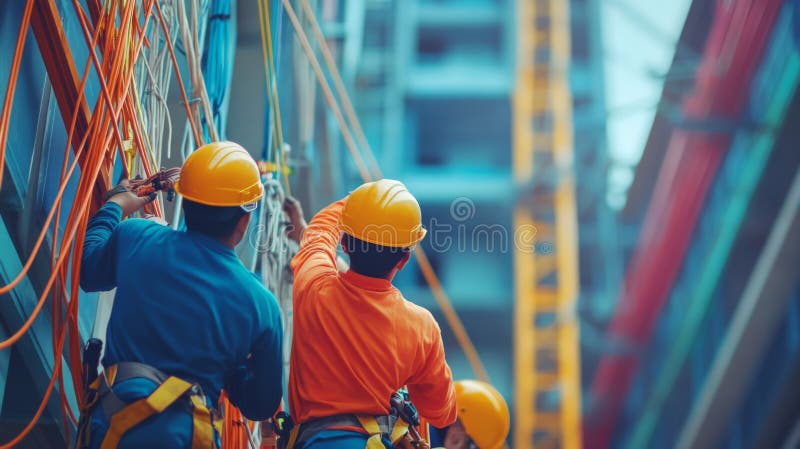 Construction Workers in Hard Hats Hanging from Building Stock Illustration - Illustration of ...