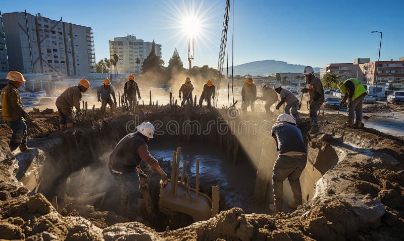 Group of Men Working on Construction Site Stock Image - Image of gear ...