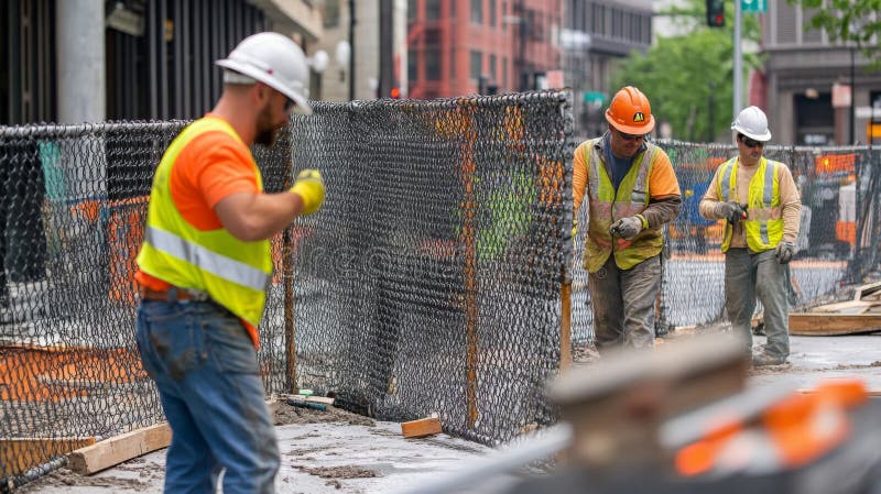 Construction Workers in Hard Hats Walking beside a Chain Link Fence ...