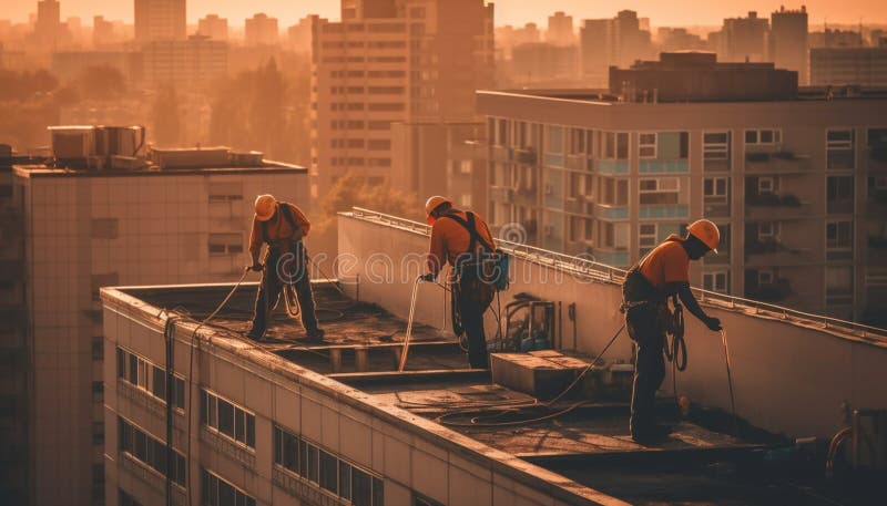 Construction Workers in Hardhats Standing on Skyscraper, Working ...
