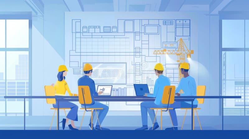Construction Workers Having a Meeting Around a Table with Blueprints on ...
