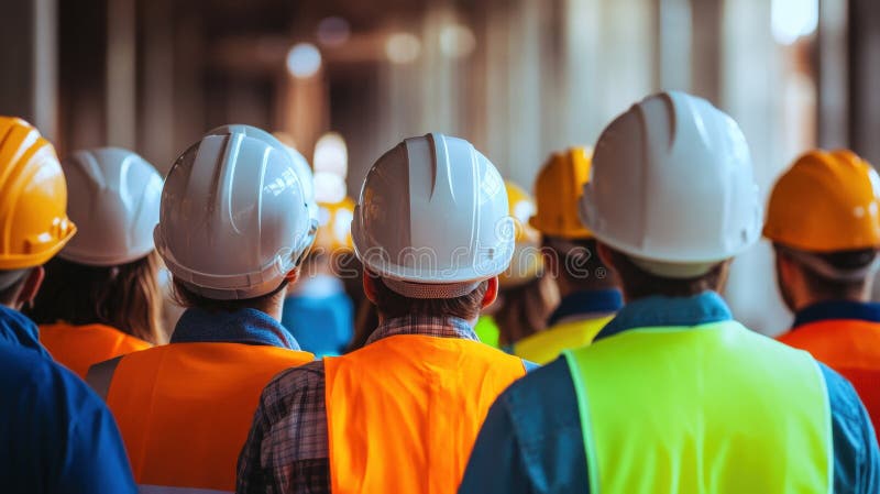 Construction Workers in Helmets and Vests Observing a Project Site ...
