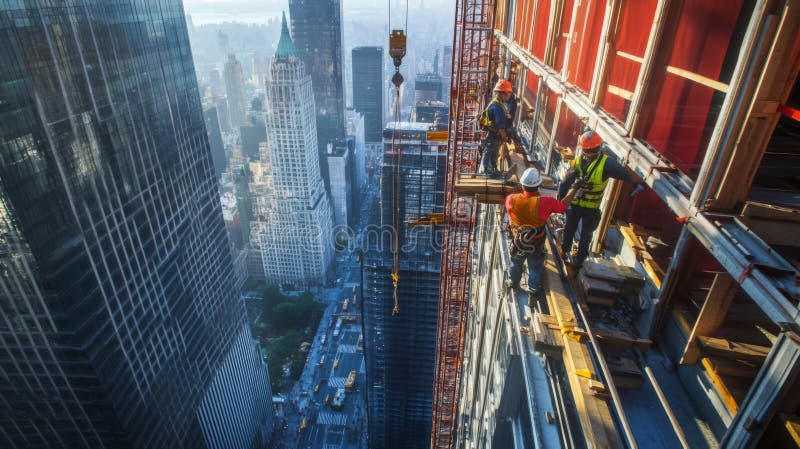 Construction Workers on a High-Rise Building in a City Stock ...