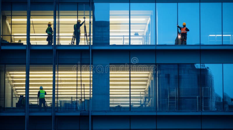 Construction Workers on a High-Rise Building at Dusk Stock Illustration ...