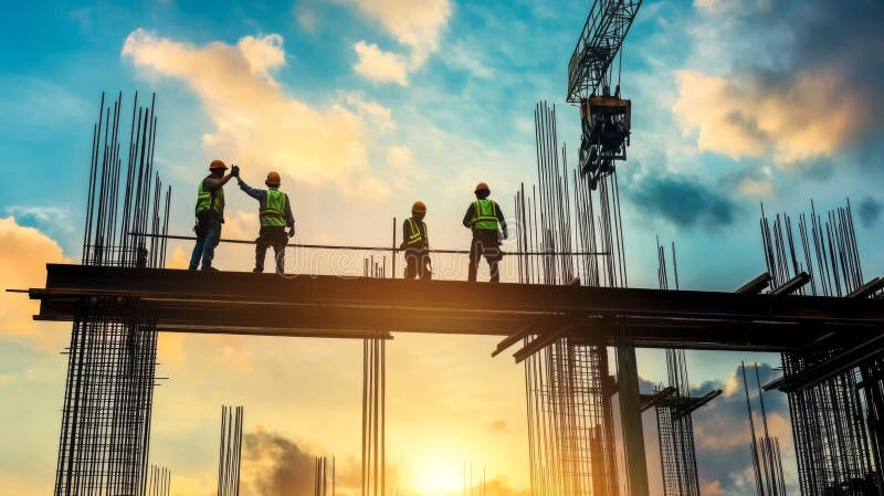 Construction Workers on a High-Rise Building Frame Against a Dramatic ...