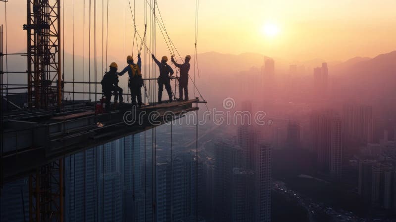 Construction Workers on a High-Rise Building Platform at Sunset Stock ...