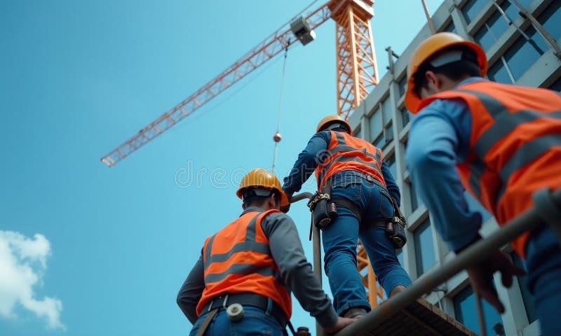 Construction Workers High Rise Building Safety Harnesses Orange Stock ...