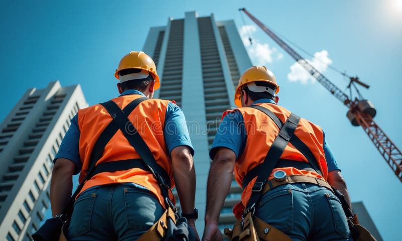 Construction Workers High Rise Building Safety Harnesses Orange Stock ...