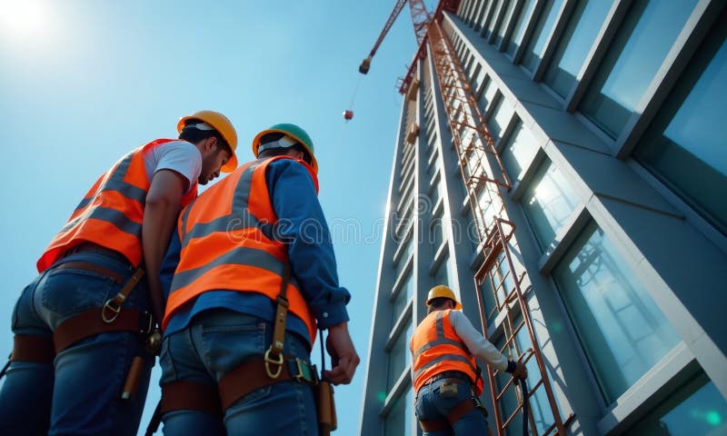 Construction Workers High Rise Building Safety Harnesses Orange Stock ...