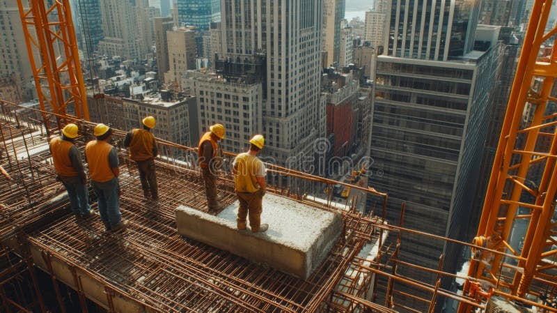 Construction Workers on a High-Rise Building Site with a View of the ...