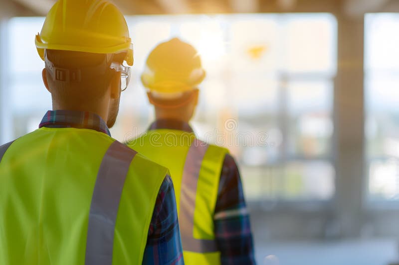 Construction Workers in High Visibility Vests and Hard Hats Inside ...