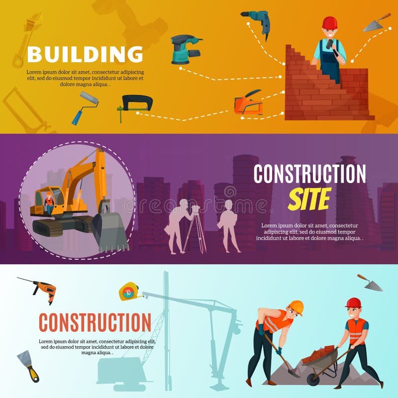 Construction Workers Horizontal Banners Stock Vector - Illustration of ...