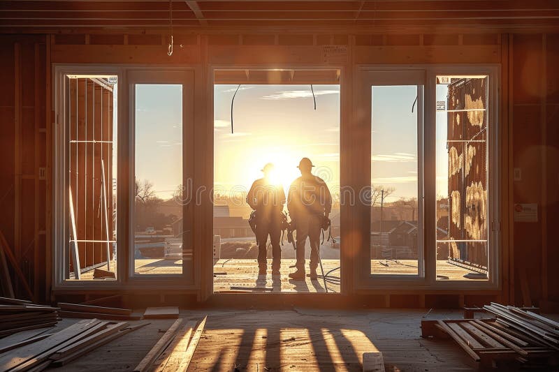 Construction Workers Inside Building Watching Sunrise or Sunset Stock ...