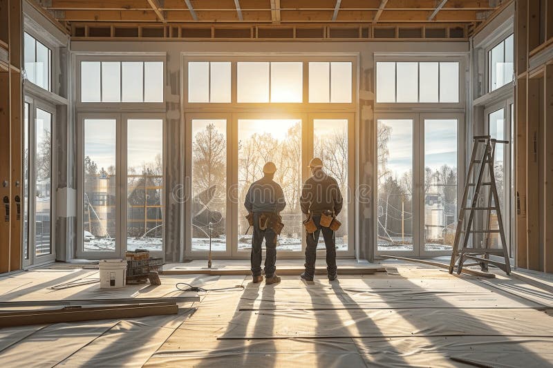 Construction Workers Inside Unfinished House during Sunset Stock ...