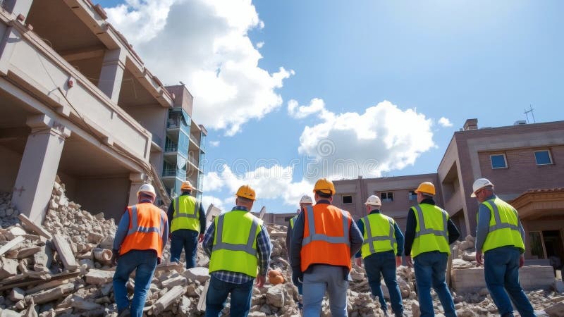Construction Workers Inspecting Building Rubble after Disaster Strikes ...